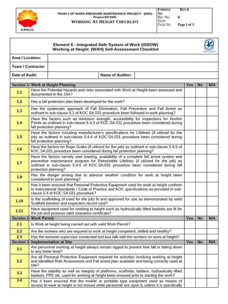 WORKING AT HEIGHT CHECKLIST | PDF
