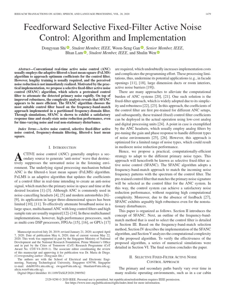 Feedforward Selective Fixed-Filter Active Noise Control Algorithm and Implementation | PDF