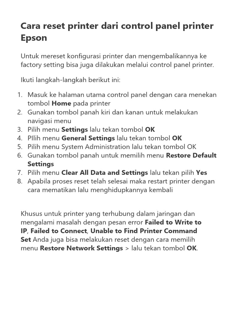 Cara Reset Printer Dari Control Panel Printer Epson | PDF