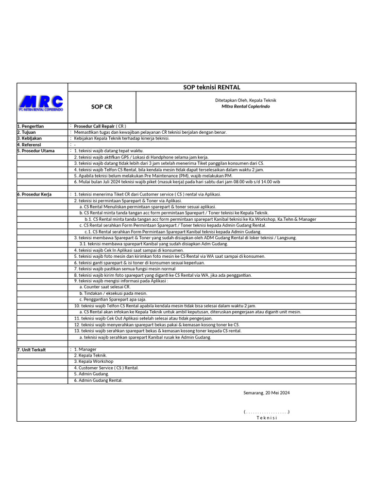 SOP Tehnisi Rental & Workshop (DESEMBER 2023) | PDF