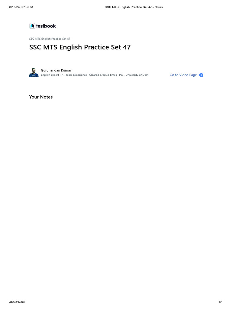 SSC MTS English Practice Set 47 - Notes | PDF