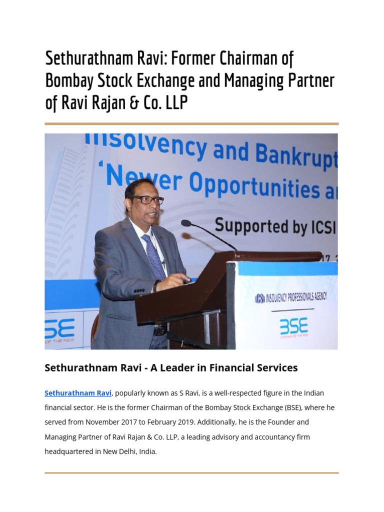 Sethurathnam Ravi: BSE's Former Chairman | PDF | Stock Exchange ...
