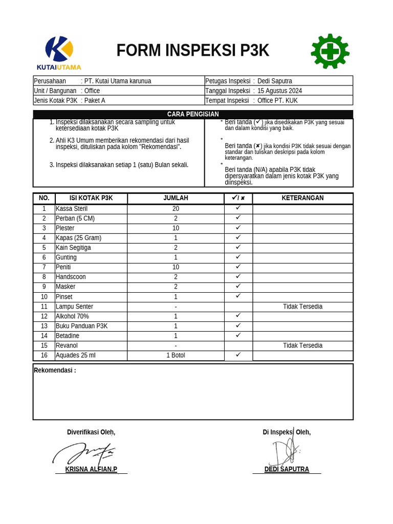 Form. Inspeksi P3K | PDF