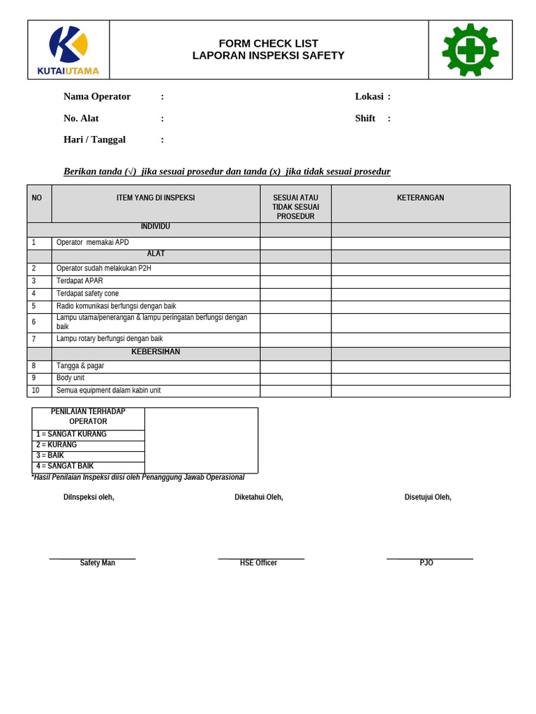 Form Inspeksi Unit Dan Operator | PDF