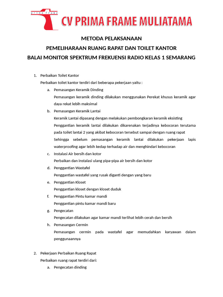 METODA PELAKSANAAN Perbaikan toilet dan ruang rapat | PDF