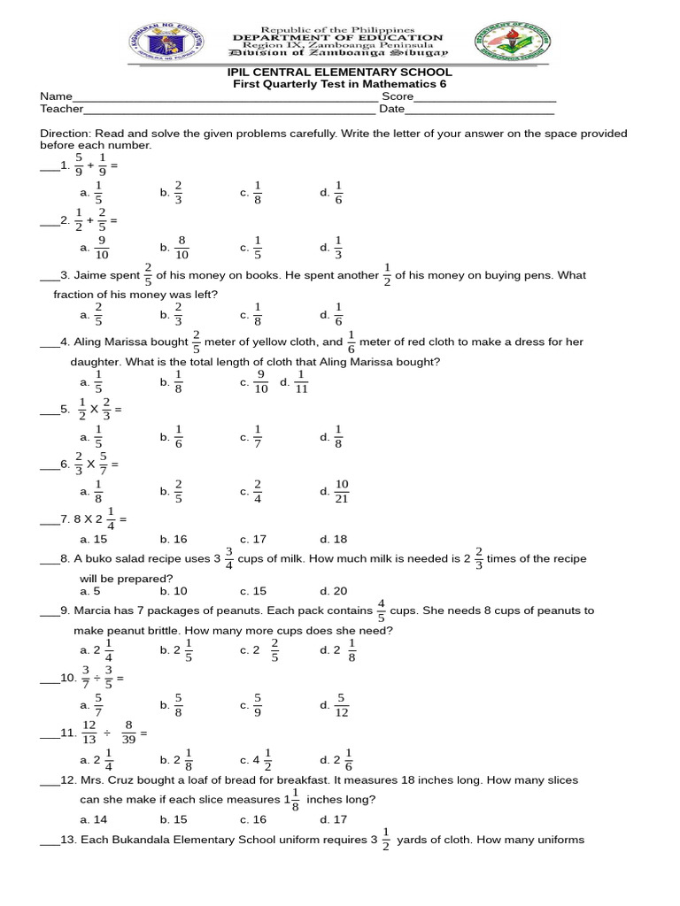 PT Q1 Math | PDF