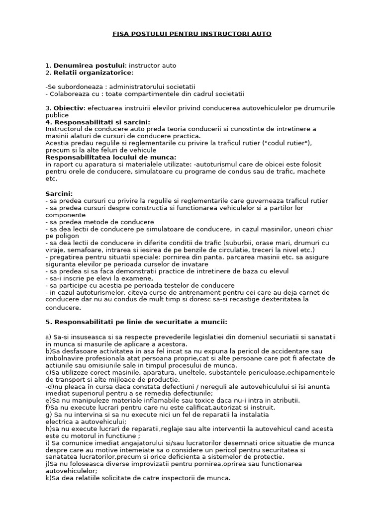Fisa Postului - Instructor Auto | PDF