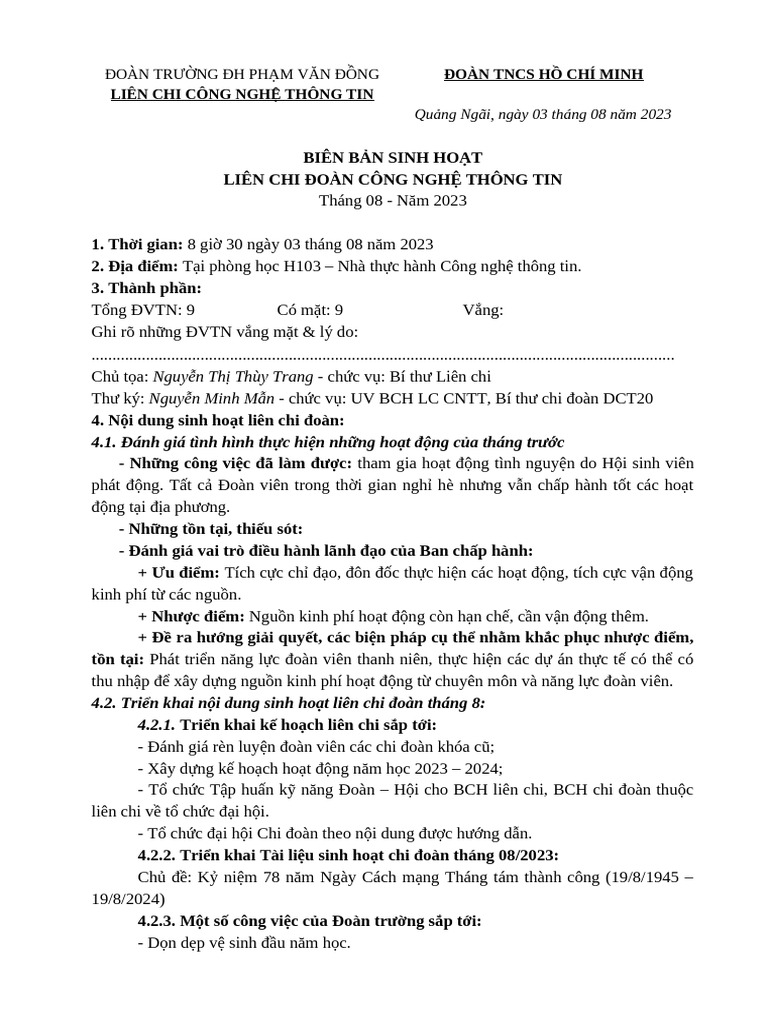 Biên Bản Sinh Hoạt Liên Chi Đoàn CNTT 23-24 | PDF