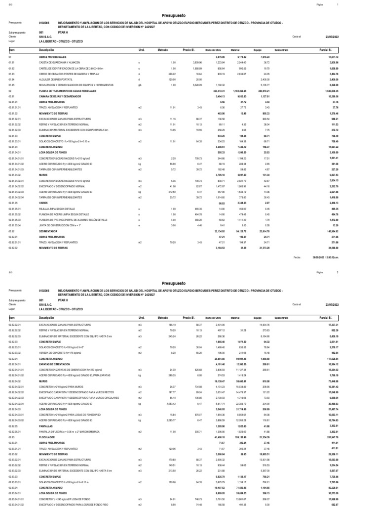 Ptto Desag Ptar | PDF | Bienes raíces | Materiales de construcción