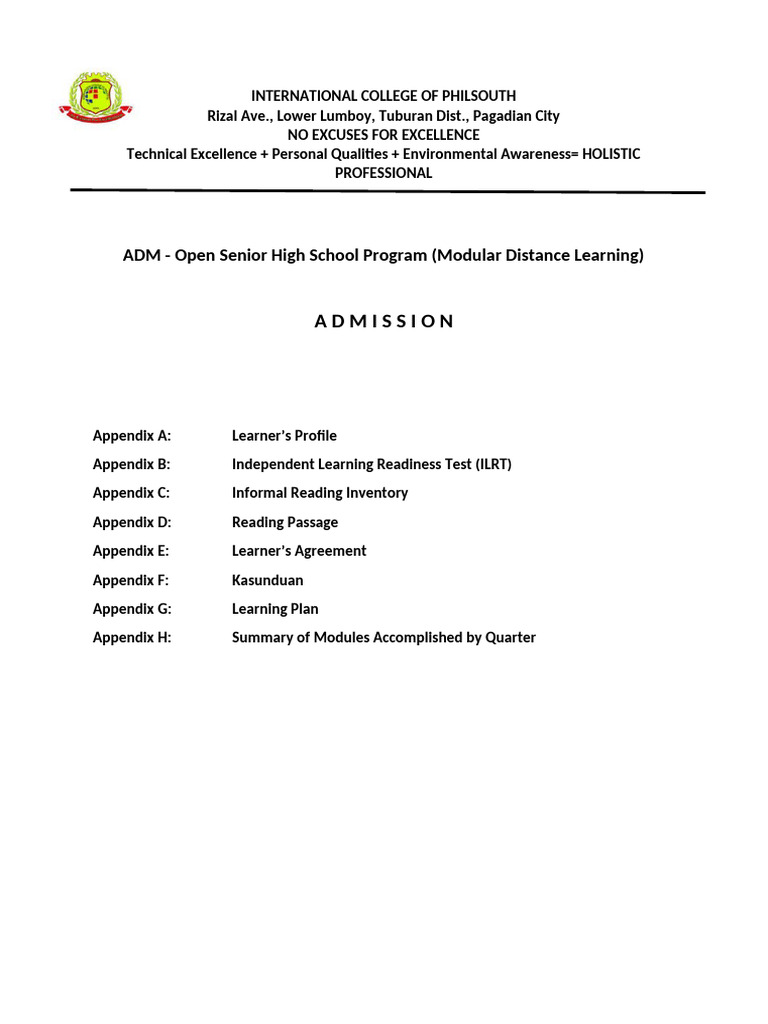 Admission ADM - Open Senior High School Program | PDF