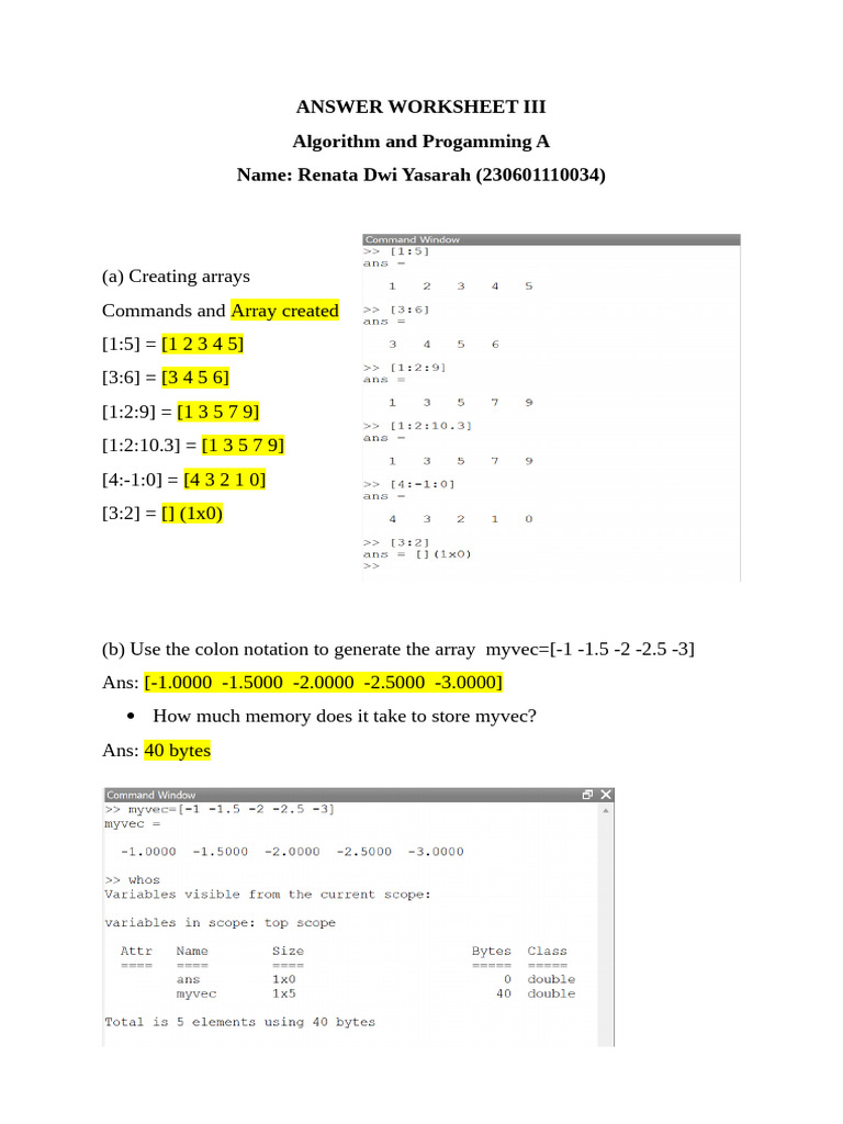 ANSWER WORKSHEET III (array&matrix) | PDF