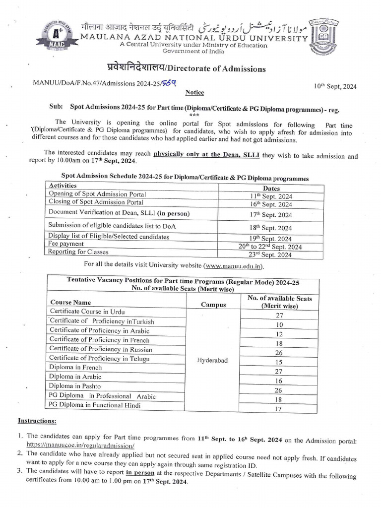 Spot Admission of Part Time Programmes - 2024-25 | PDF