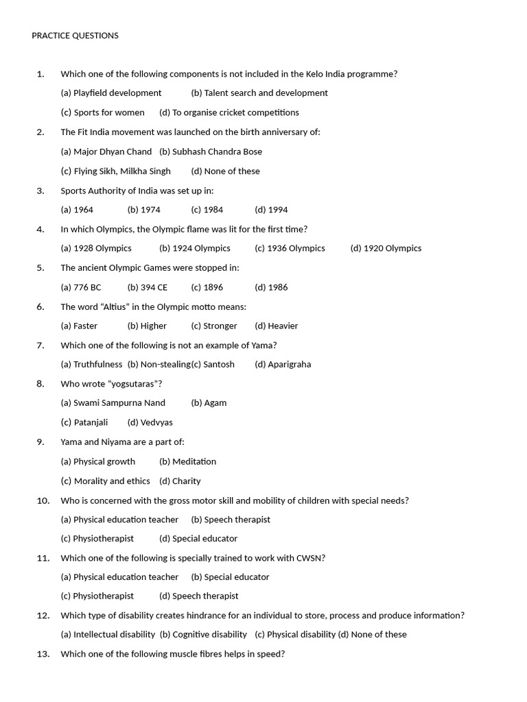 Practice Questions | PDF | Skeletal Muscle | Physical Fitness
