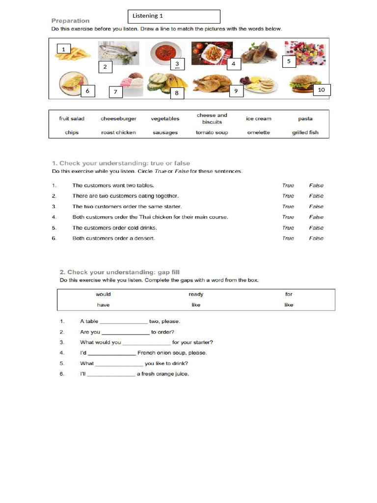 Listening Task in The Restaurant Worksheet | PDF