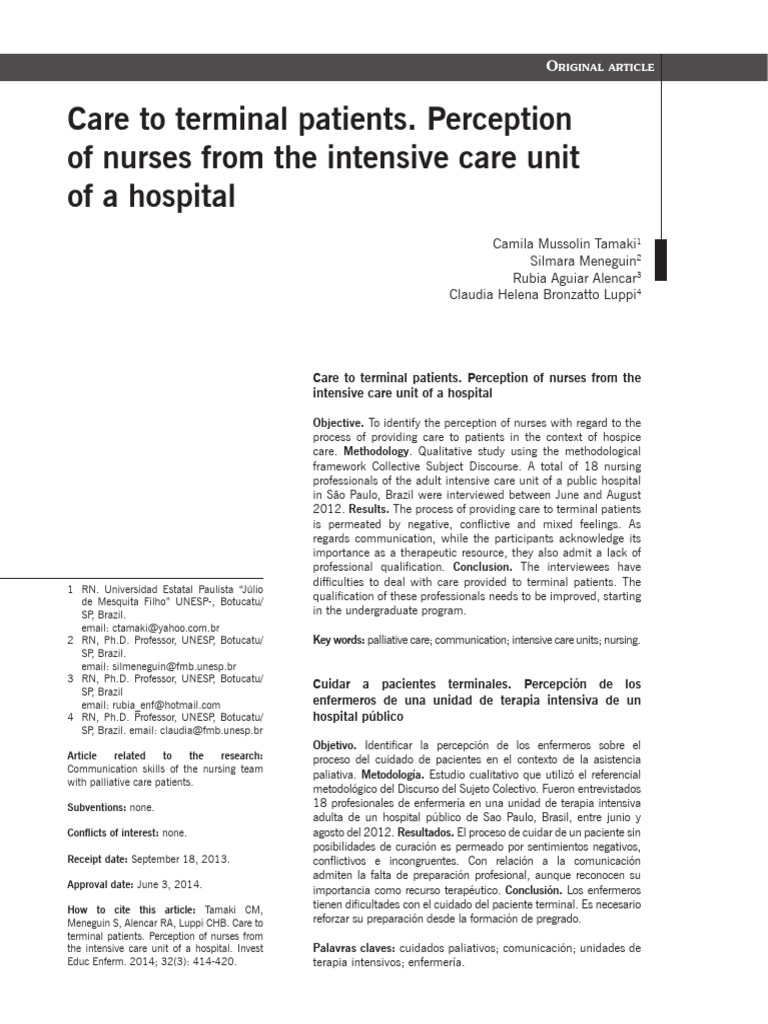 Care To Terminal Patients. Perception of Nurses From The Intensive Care ...