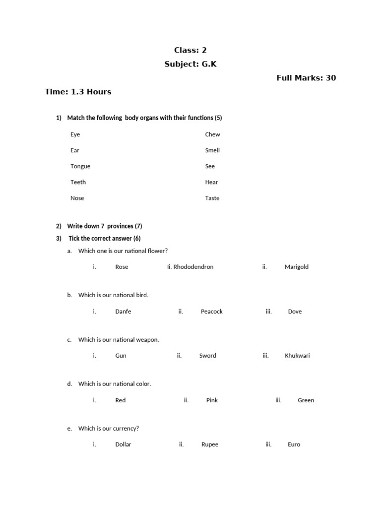 Class 2 GK 1st Term Paper | PDF