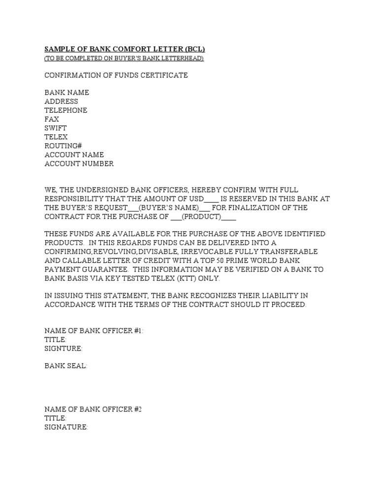 Bank Comfort Letter Sample Template | PDF | Letter Of Credit | Banks