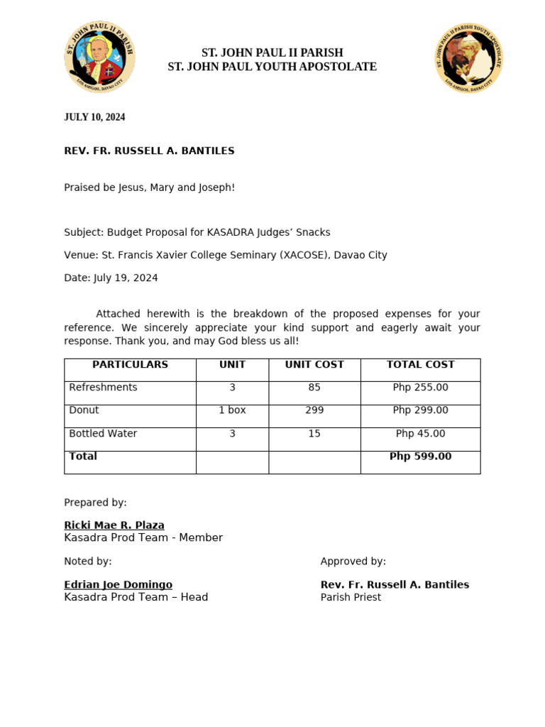 Budget Proposal For KASADRA (Snacks) | PDF
