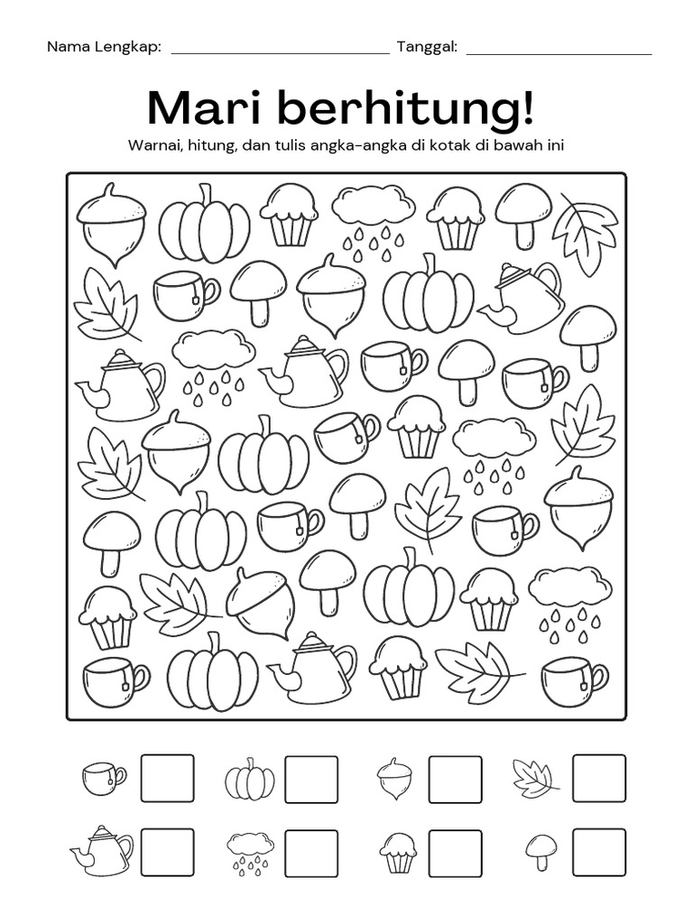Let's Count in Fall Math Worksheet in Monochromatic Illustrative Style ...
