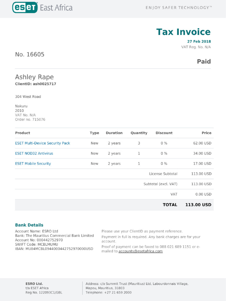 Security Software Invoice For Ashley Rape Including ESET Products | PDF