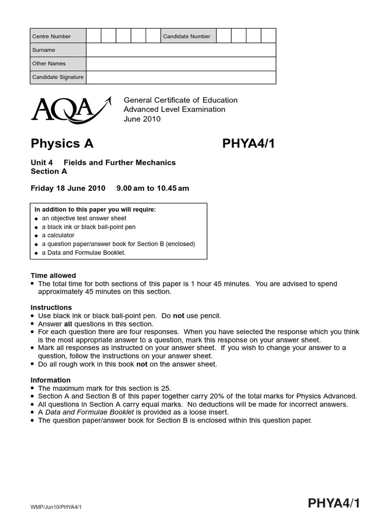 Aqa A-Level Physics Unit 4a Question Paper Jun 2010 | PDF