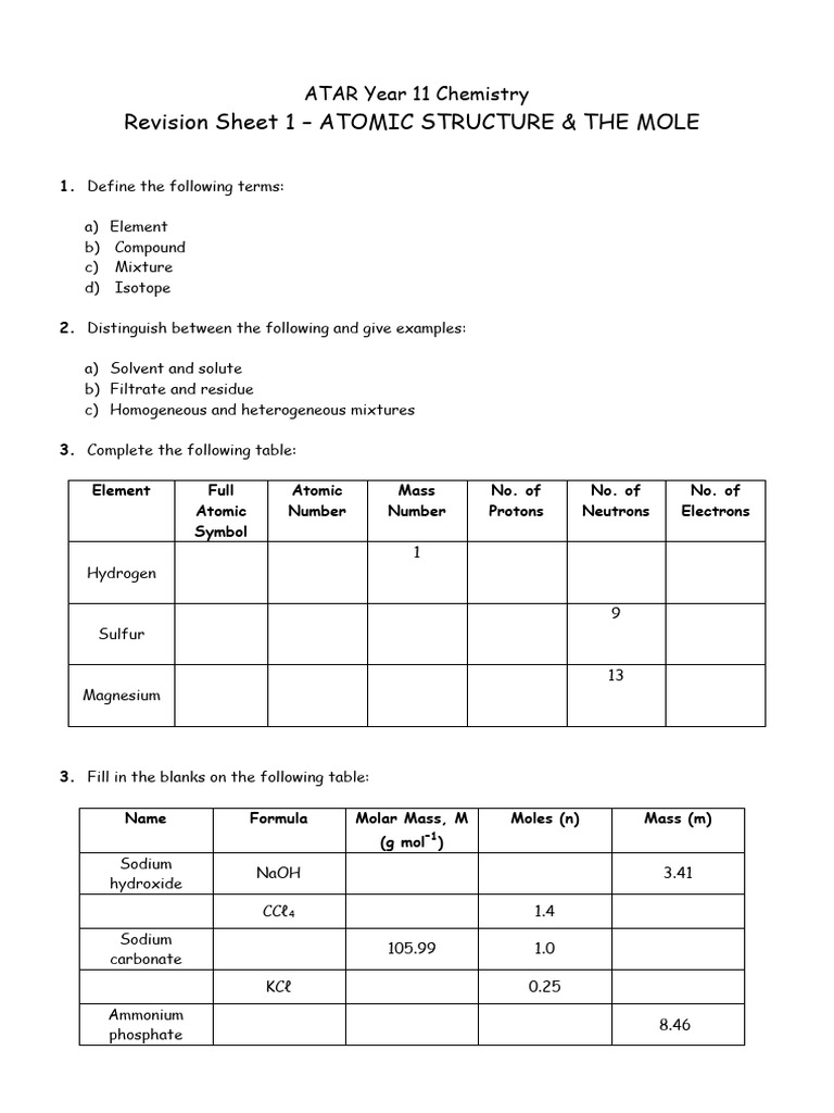 Revision Sheet 1- Atomic Structure and The Mole | PDF