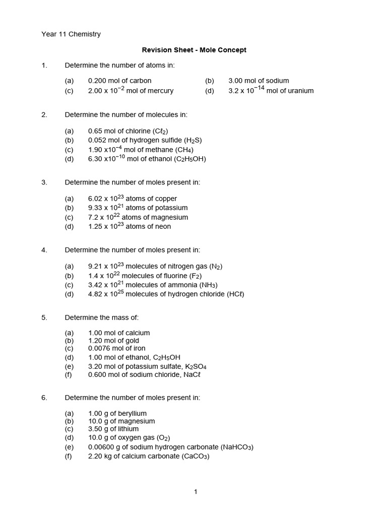 Revision Sheet - Mole Concept (with answers) | PDF