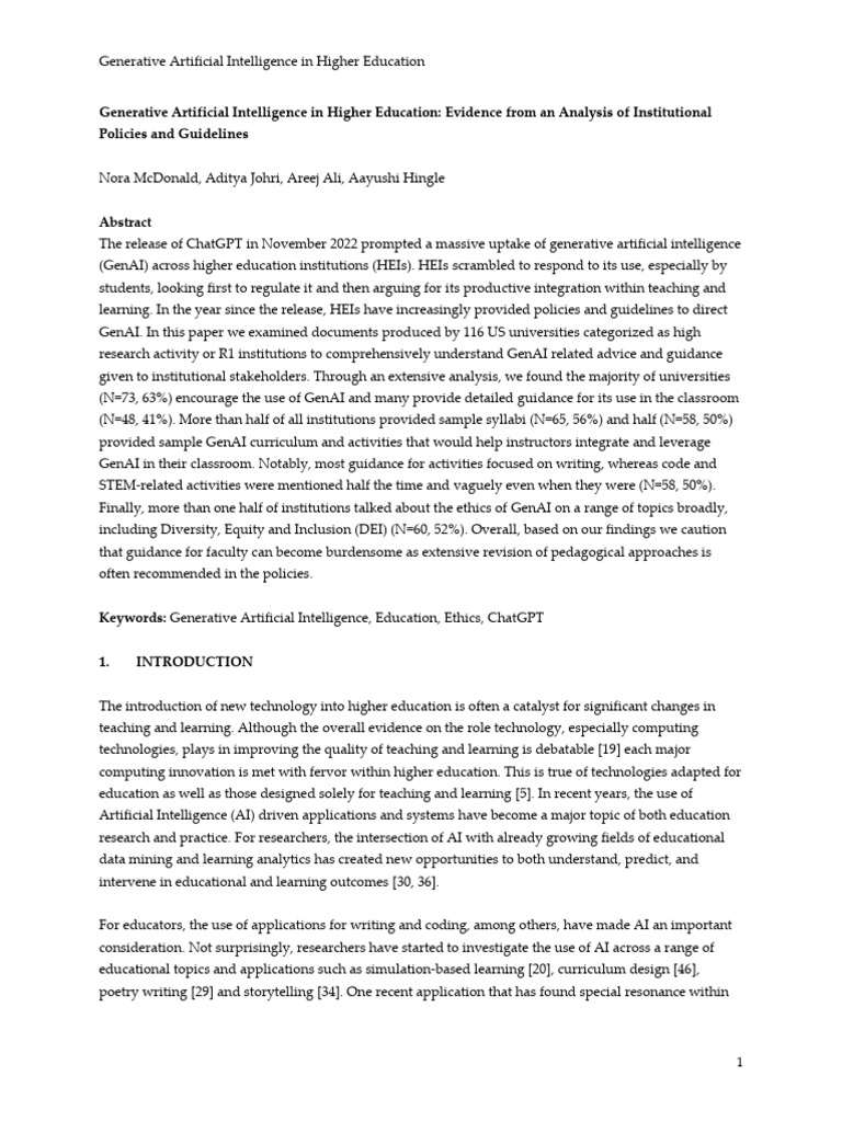 Generative Artificial Intelligence in Higher Education | PDF