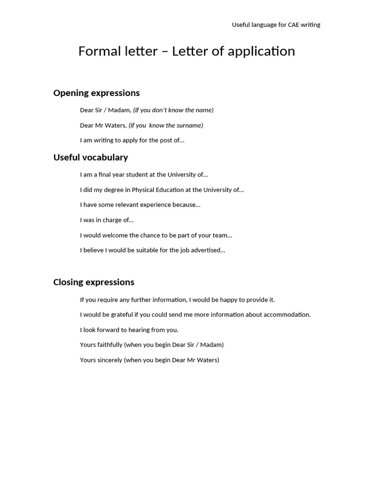 CAE - Formal Letter - Letter of Applicatiion | PDF