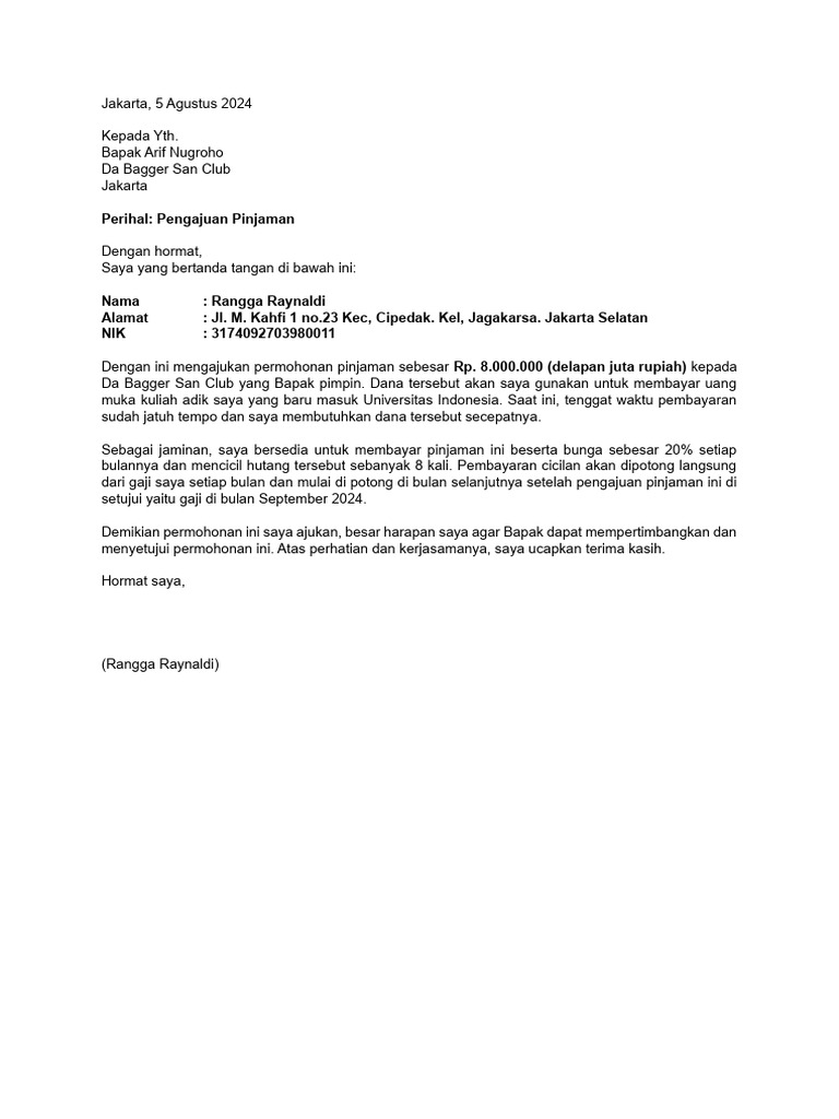 Surat Pengajuan Pinjaman Rangga Raynaldi | PDF