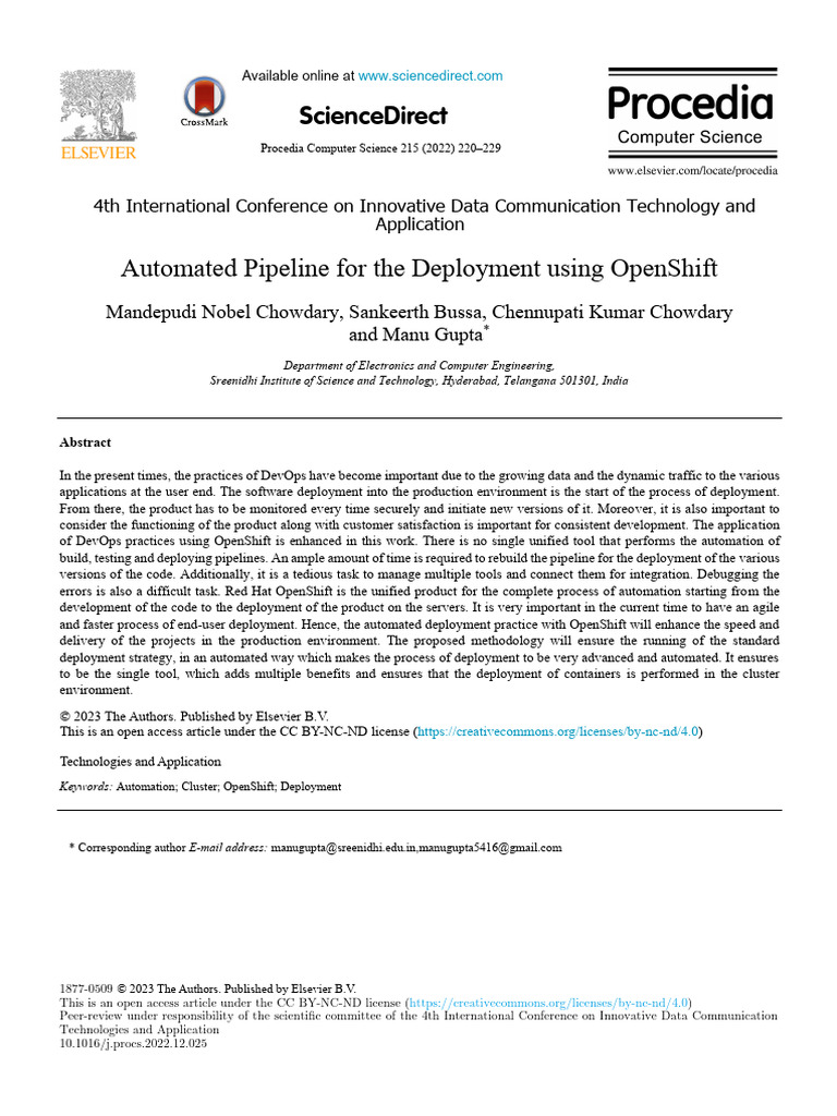 Automated Pipeline For The Deployment Using OpenShift | PDF