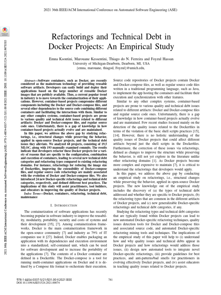 Refactorings and Technical Debt in Docker Projects - An Empirical Study | PDF