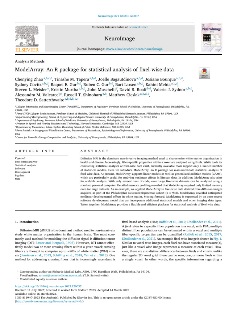 ModelArray - An R Package For Statistical Analysis of Fixel-Wise Data | PDF