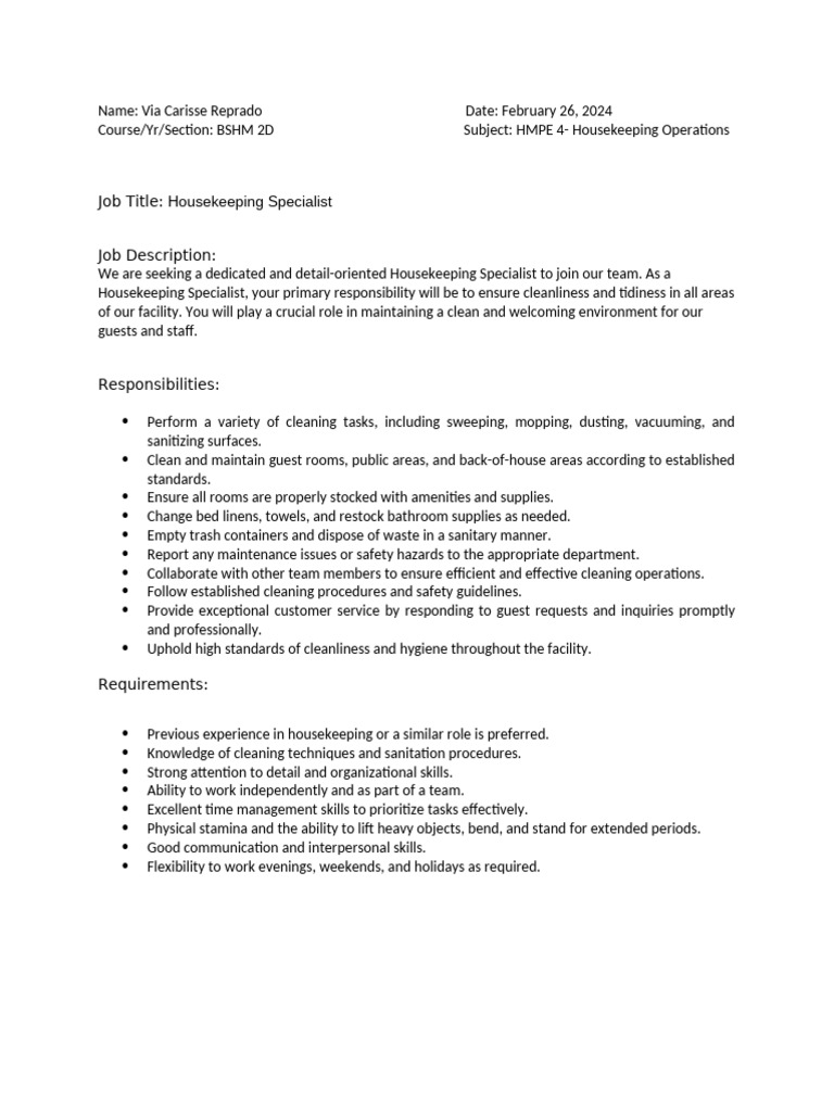 HMPE4-Housekeeping Operations | PDF