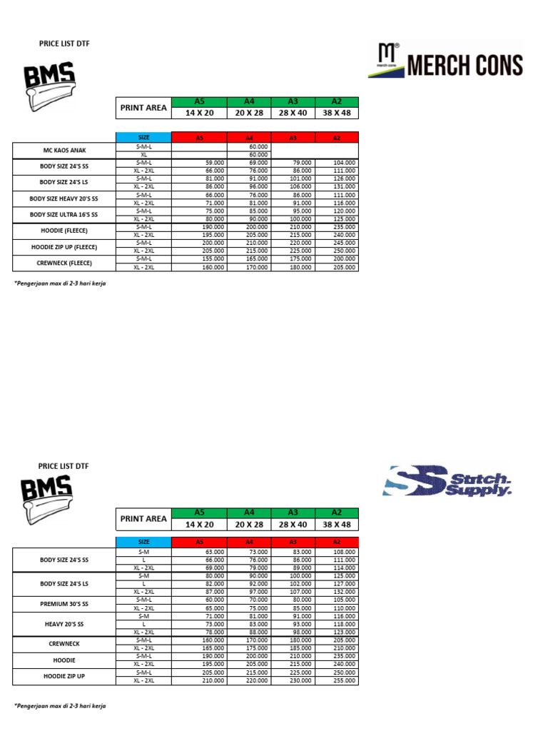 Price List DTF Kaos - 2 | PDF