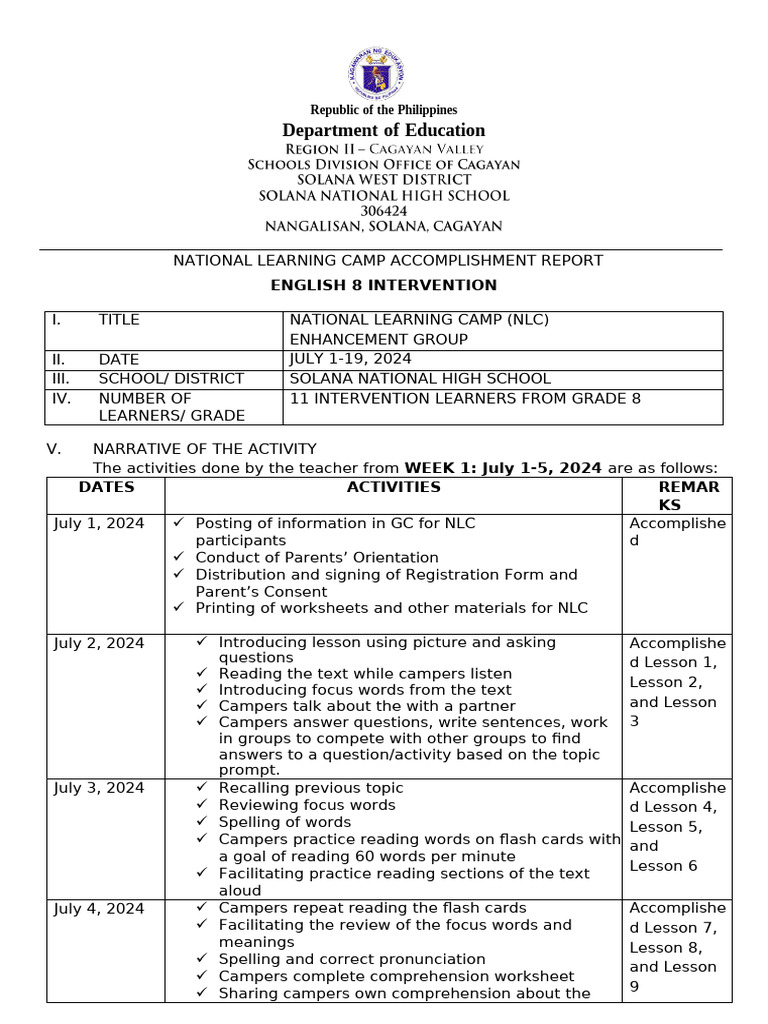 NLC English 8 Accomplishment Report | PDF | Reading Comprehension | Cognitive Science