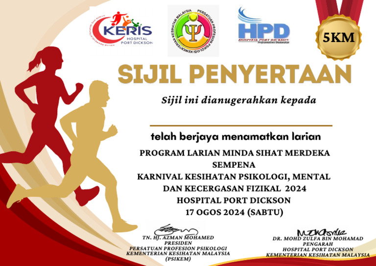 Sijil Penyertaaan Program Larian Minda Sihat Merdeka 17082024 | PDF