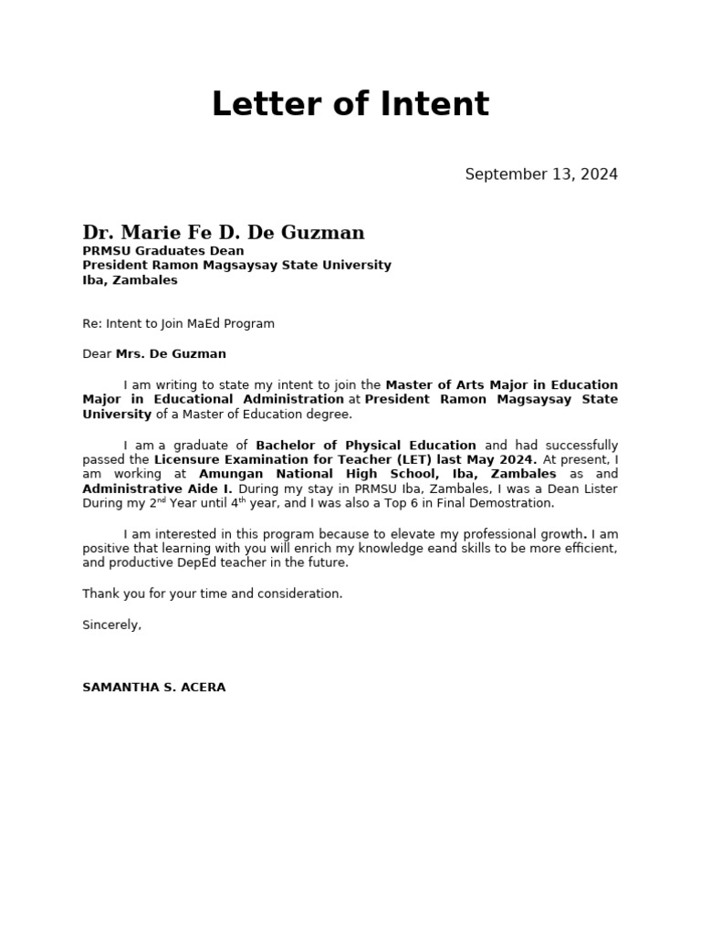 Letter of Intent For Graduate School 01 | PDF