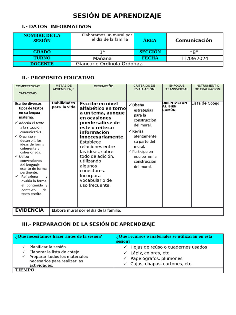 SESION DE APRENDIZAJE Elaboramos un mural por el día de la familia | PDF