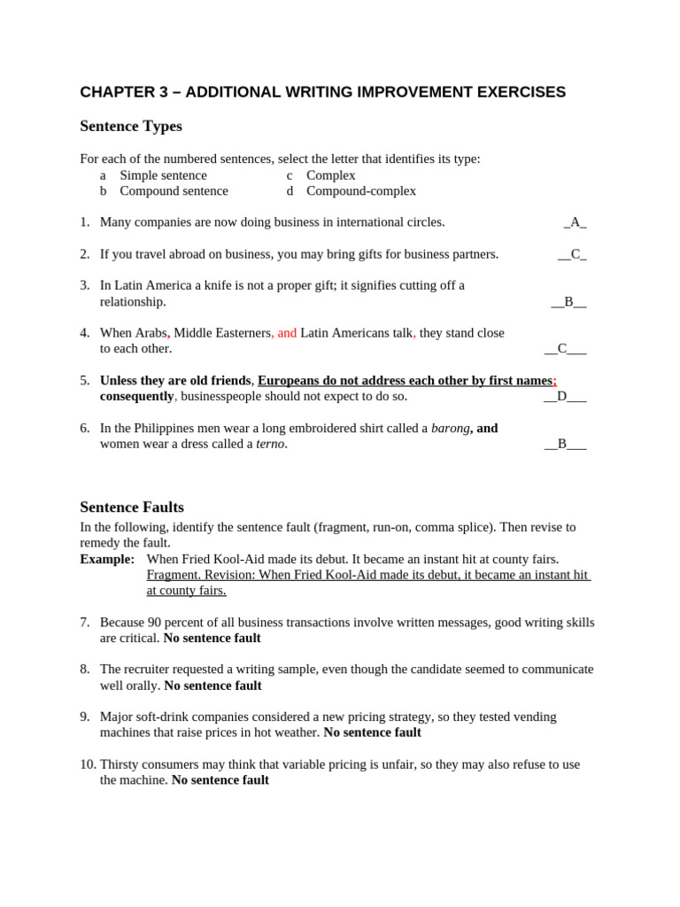 Sentence Types: Chapter 3 - Additional Writing Improvement Exercises | PDF