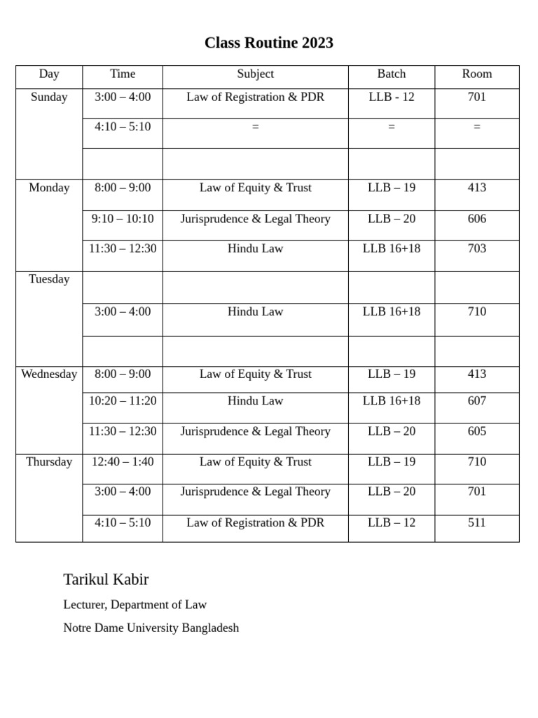 NDUB Law Class Schedule 2023 | PDF