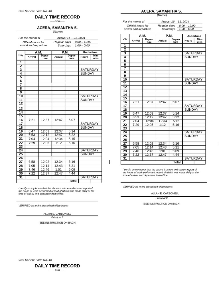 CSC Form 48 Daily Time Record DTR | PDF CSC Form 48 Daily Time Record DTR | PDF