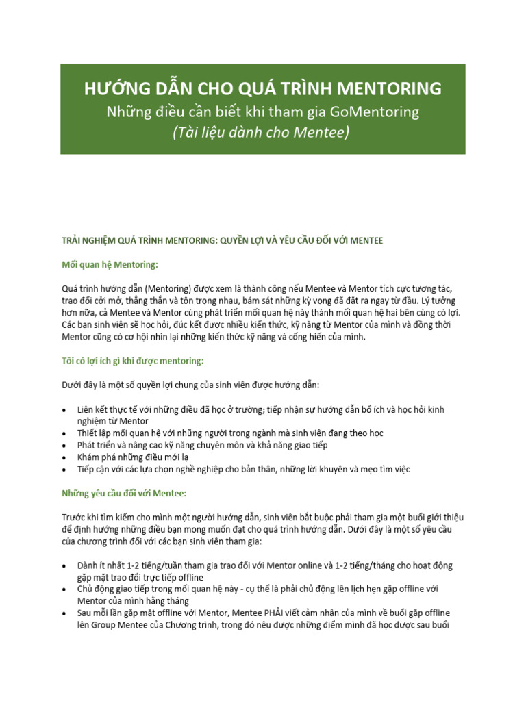 HƯỚNG DẪN CHO QUÁ TRÌNH MENTORING - FOR MENTEE | PDF