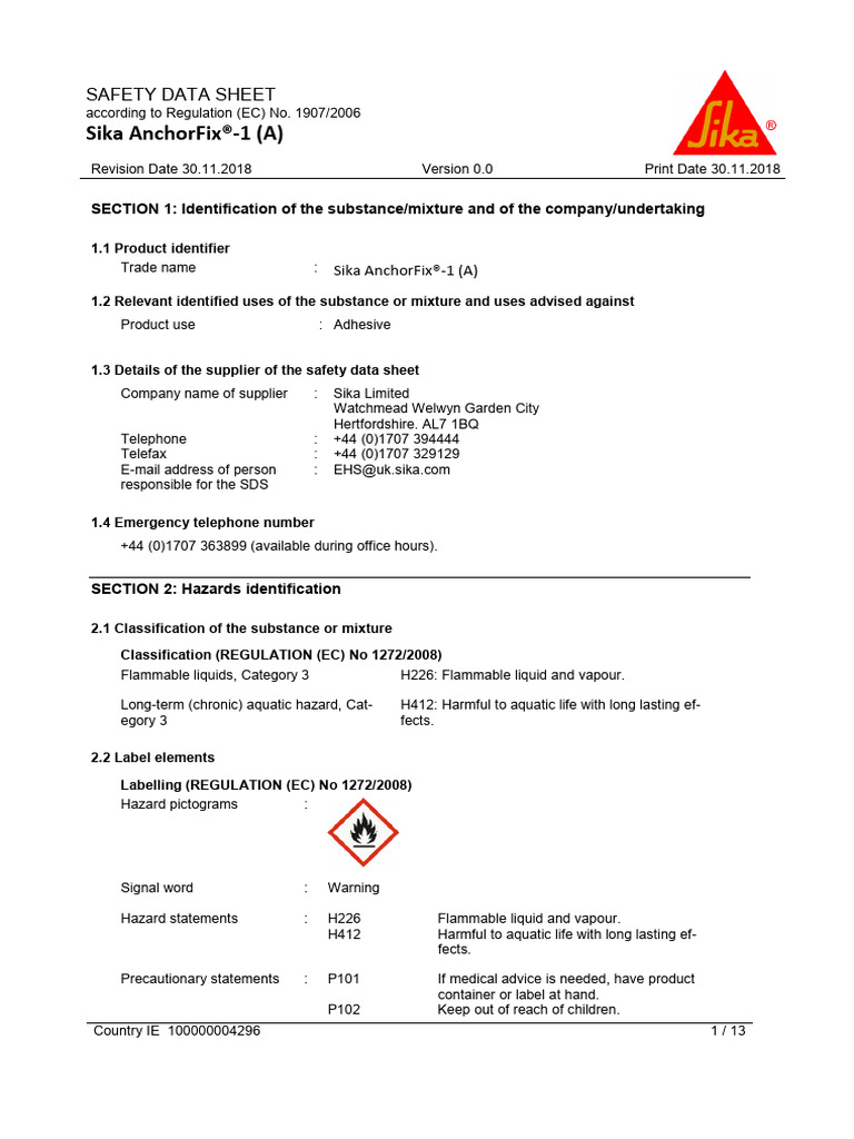 MSDS Sika AnchorFix - 1 AB | PDF