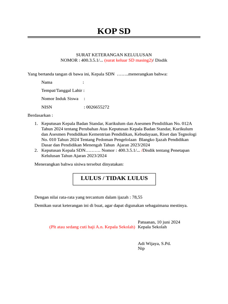 Contoh SURAT KETERANGAN KELULUSAN | PDF