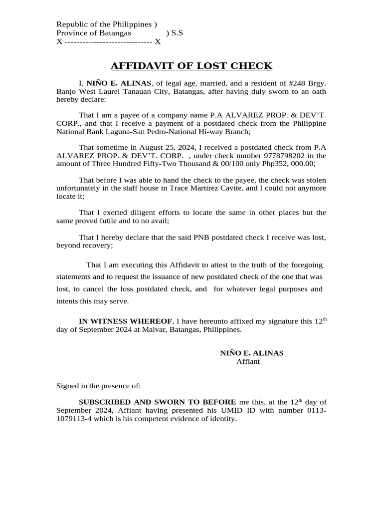 431818560-Affidavit-of-Lost-Check 9.12.24 | PDF