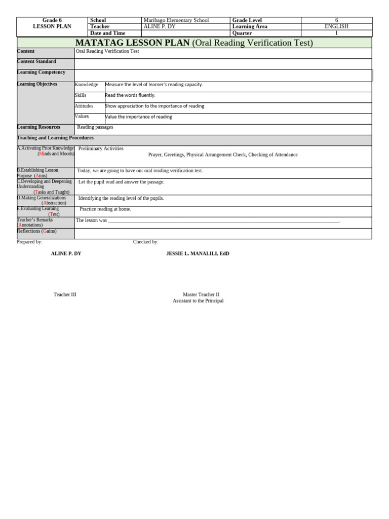 Matatag Lesson plan-ORV | PDF