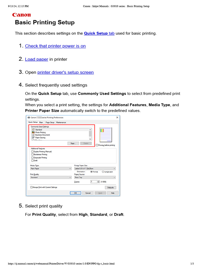 Canon - Inkjet Manuals - G3010 Series - Basic Printing Setup | PDF