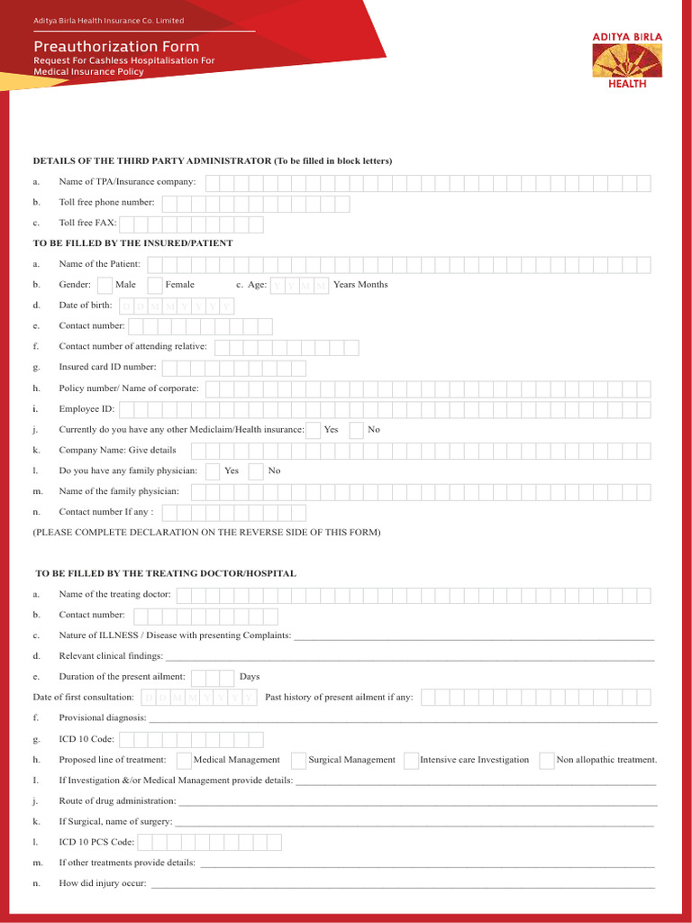 Aditya Birla Preauth Form | PDF