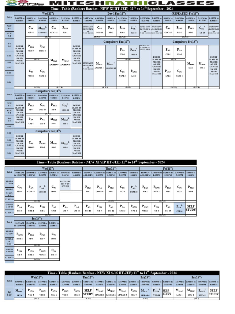 Time - Table (Rankers Batches - NEW XI IIT-JEE) 11 To 14 September ...